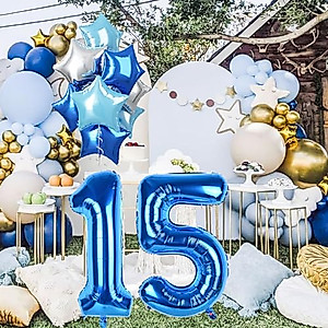 40 Inch Dark Blue Number Balloons 15, Large Royal Light Blue 15 Helium Foil Mylar Balloon, Globos Azules Self Inflating Silver Star Number 15 Balloon for Boys 15th Birthday Party Graduation Decoration