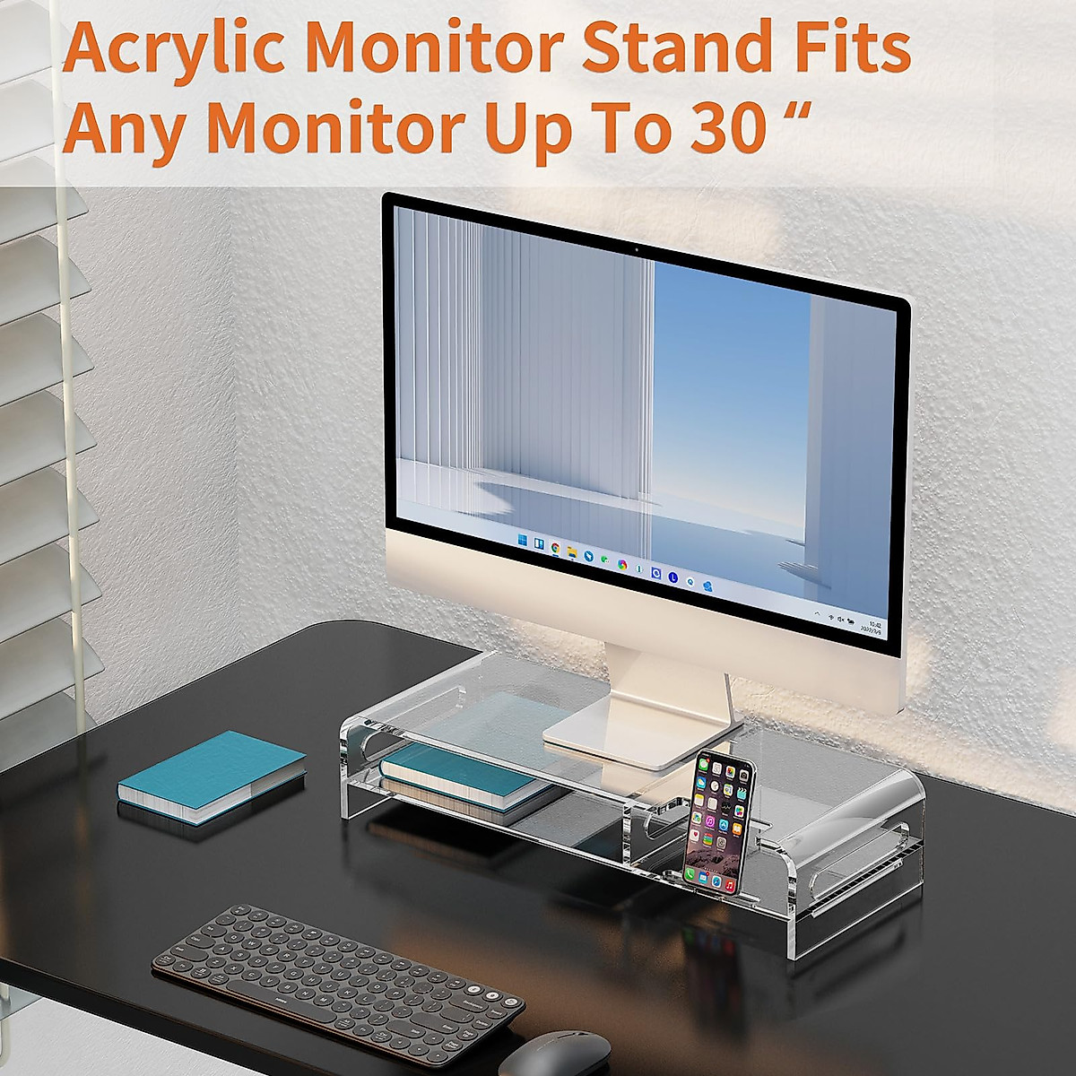 ErgoFocus 20inch Large Acrylic Monitor Stand Riser, 2-Tier Clear Monitor Stand with Built-in Phone Holder, Premium Acrylic Monitor Riser with Keyboard Storage