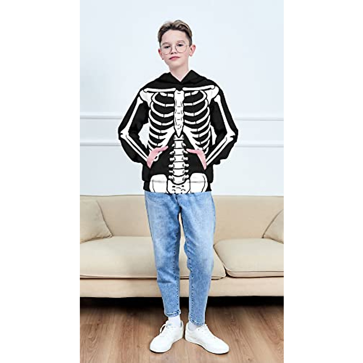 AIDEAONE Kids Boys Girls Hoodies Cool Black Skeleton Halloween Sweatshirts Fashion Novelty Hoodies Size L