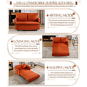 Pull Out Futon Sofa Bed, Convertible Small Loveseat Sleeper with Storage Drawer, 3 in 1 Futon Couch with Removable Pocket and 2 Pillows, Modern Love Seat for Living Room, Guest Room, Deep Orange