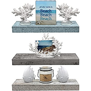 Sorbus Floating Shelves for Wall - 3 Pack Coastal Beach Wall Decor for Bedroom, Bathroom, Living Room, Office, Home & Kitchen - White/Grey/Blue Rustic Wood Hanging Wall Shelf for Books, Frames, Trophy