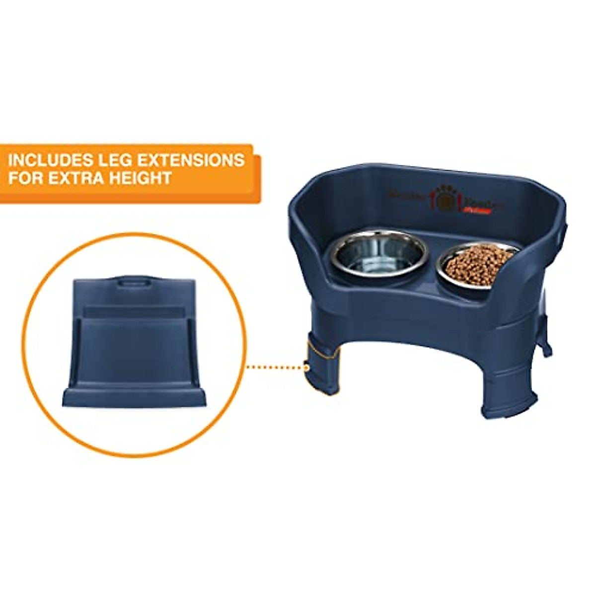 Neater Feeder Deluxe with Leg Extensions for Medium Dogs - Mess Proof Pet Feeder with Stainless Steel Food & Water Bowls - Drip Proof, Non-Tip, and Non-Slip - Dark Blue