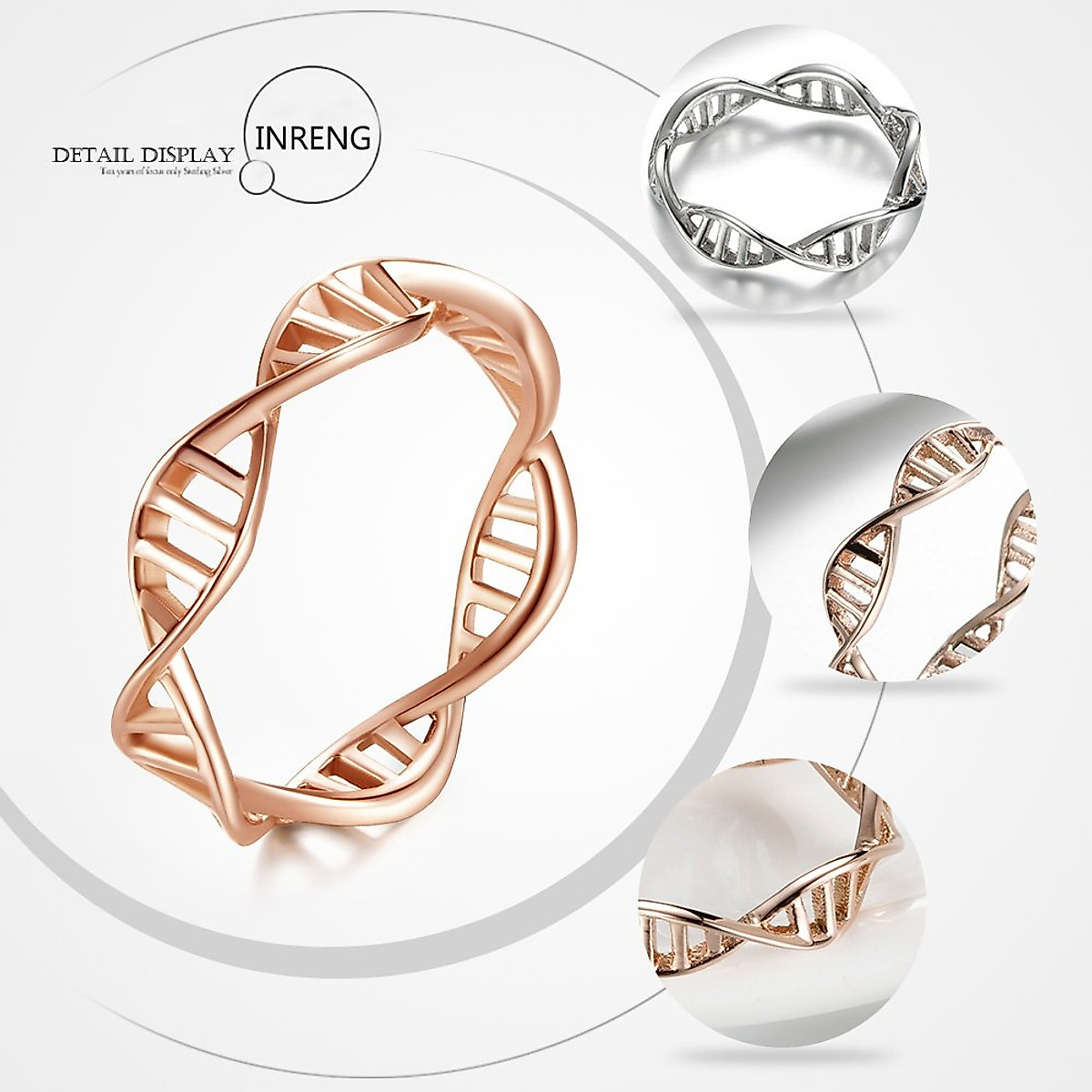 INRENG Women's Stainless Steel DNA Ring Chemistry Science Molecule Twist Rope Helix Band Silver Size 7
