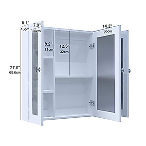 BUBFUL Bathroom Mirror Cabinet Wall Mounted Medicine Pharmacy Cabinets with 3 Doors, Waterproof PVC White Color