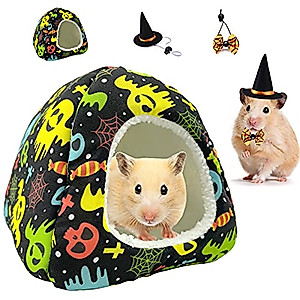 Vehomy Small Animal Halloween House Hideout & Costume Set- Hamster Cave House Bed Nest Hideout with Ghost Candy Spider Net Pattern Hamster Witch Hat Bowtie for Rodent Chinchilla Hedgehog