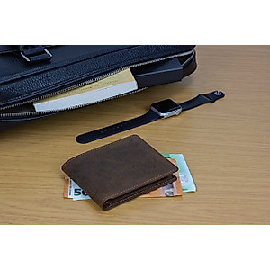 DiLoro Men's Slim Minimalist Bifold Genuine Full Grain Real Buffalo Leather with RFID Double Money Long Pocket and 8 cards (Dark Hunter Brown)
