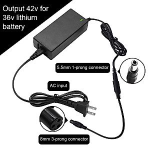 maierke 42V 2A Charger 1 Prong Smart for 36V Electric Bike Scooter Lithium Battery,Universal 36V Lithium Battery Chargers with 2 Plugs in 1 Connector (5.5mm 1-Prong DC Plug and 8mm 3-Prong) M-K1-060