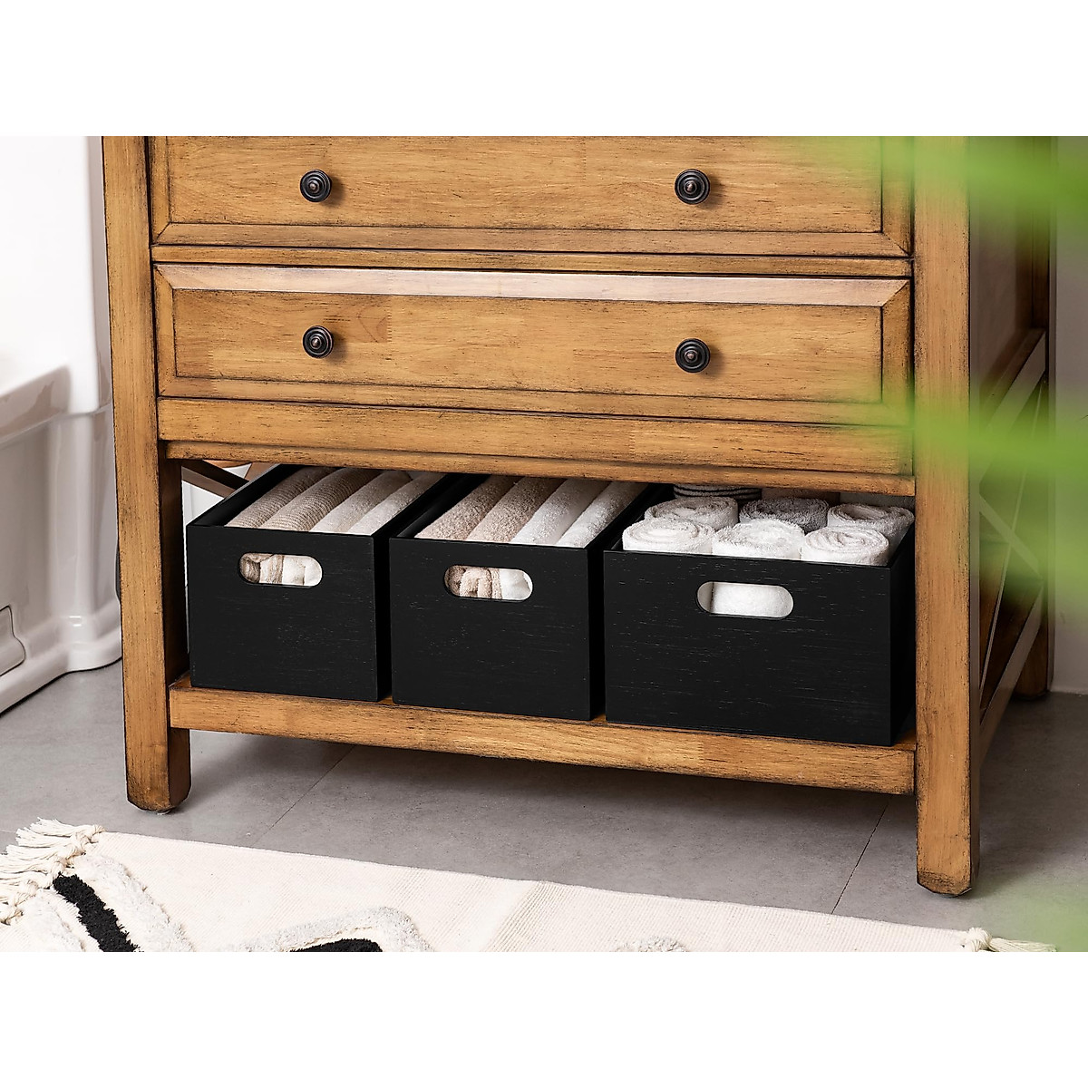 StorageWorks Bamboo Organizers for Shelves, Handcrafted Bamboo Storage Containers for Snacks, Spices, or Drinks, Black Wooden Crates with Built-in Handles, 2 Pack