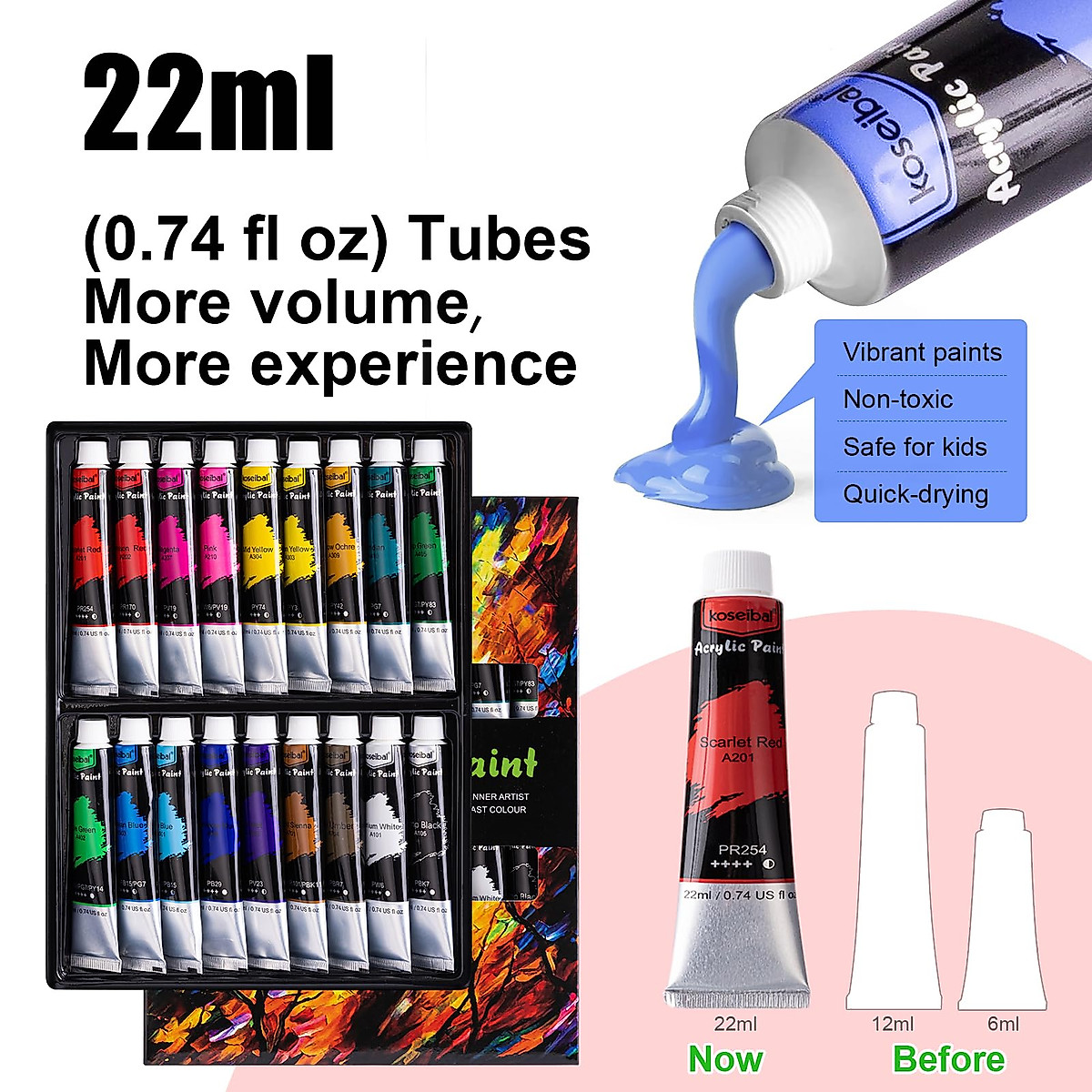 koseibal Acrylic Art Set with 18 Acrylic Paints, 8 Brushes, 4 Stretched Canvas, 1Wooden Easel, Etc, Premium Painting Supplies Kit for Students, Artists Kids, Adults, and Beginner.