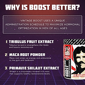 Vintage Boost – Testosterone Booster for Men with Natural Ingredients – Maca Root – Shilajit – Tribulus Terrestris – Boosts Vitality, Builds Muscle & Increases Muscle Hardness – 126 Veggie Caps