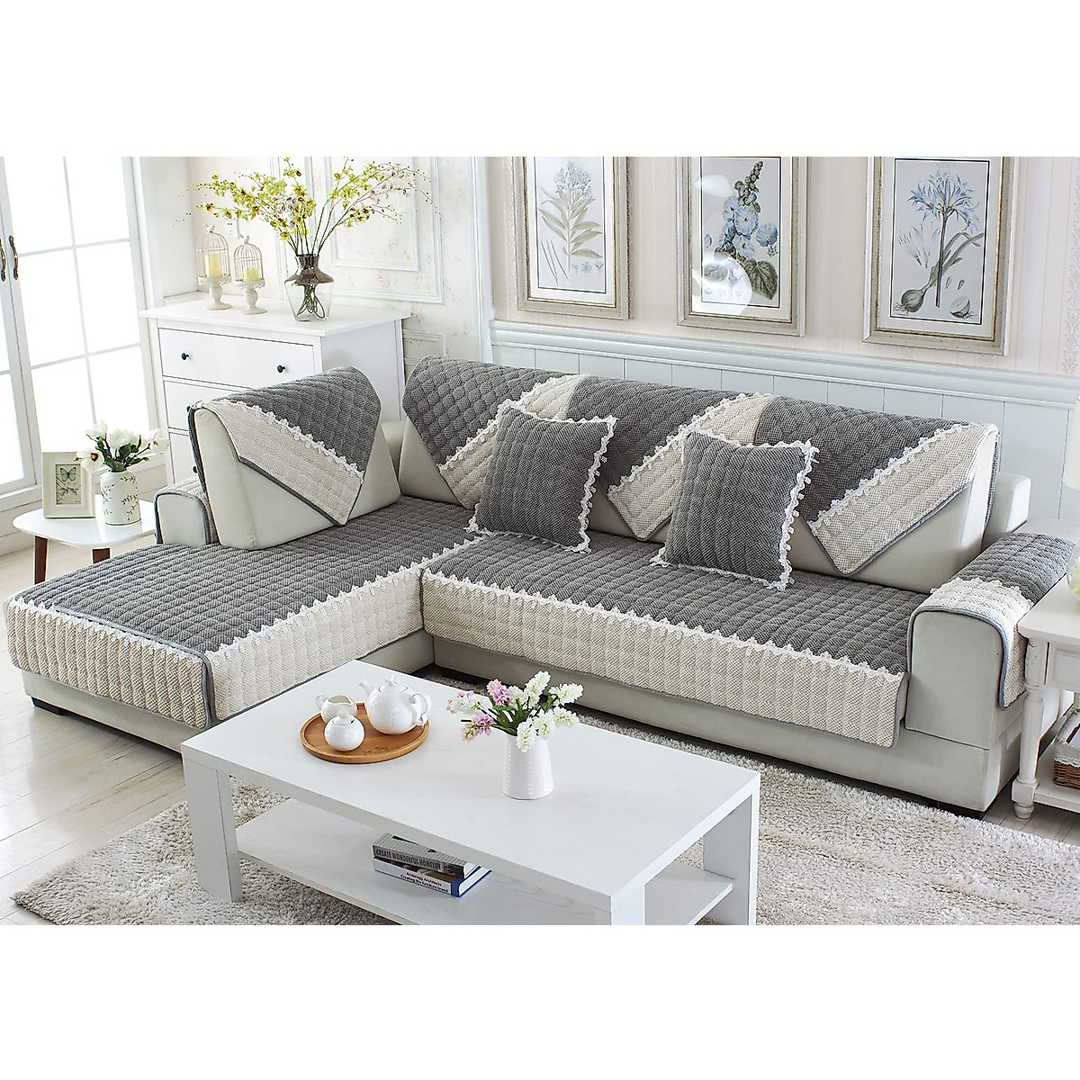 vctops Soft Corduroy Sofa Couch Cover, Plaid Sectional Couch Covers, Non-Slip Sofa Slipcover for Dogs Cats Kids(Light Grey,28"x28")