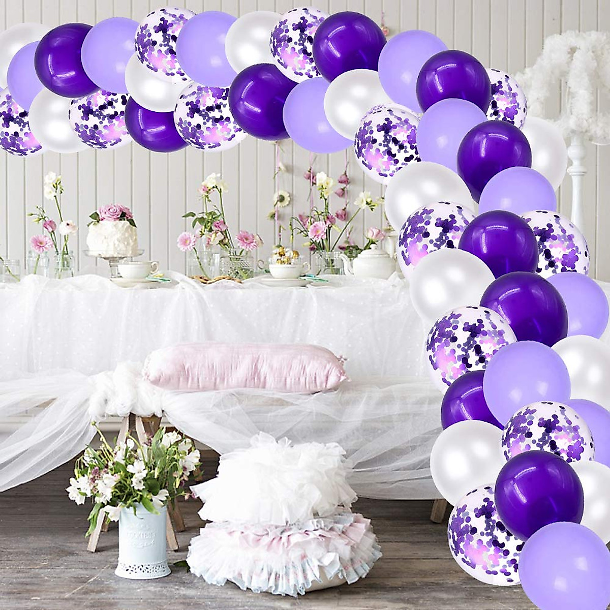 White Purple Confetti Latex Balloons, 50pcs 12 inch Helium Party Balloon with 33 Ft Purple Ribbon for Birthday, Girls Baby Shower, Wedding, Anniversary and Festival Ceremony Princess Decoration