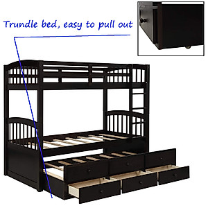 P PURLOVE Twin Over Twin Bunk Bed with Ladder, Wood Bunk Bed Frame with Wooden Slat Support, No Box Spring Needed (Espresso)