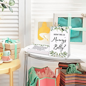 Sabary 64 Pcs Guess Baby Shower Games Include How Big is Mommy's Belly Sign Measure Baby Bump Game 50 Guessing Cards 10 Pencils 3 Measuring Tapes for Baby Shower Party(Greenery)