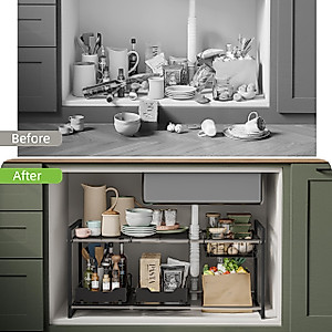 NETEL Under Sink Organizer, Expandable Cabinet Shelf Organizer 2 Tier Under Bathroom Storage Rack with Removable Panels,Multi-Use for Under Kitchen Bathroom Sink Organizers and Storage