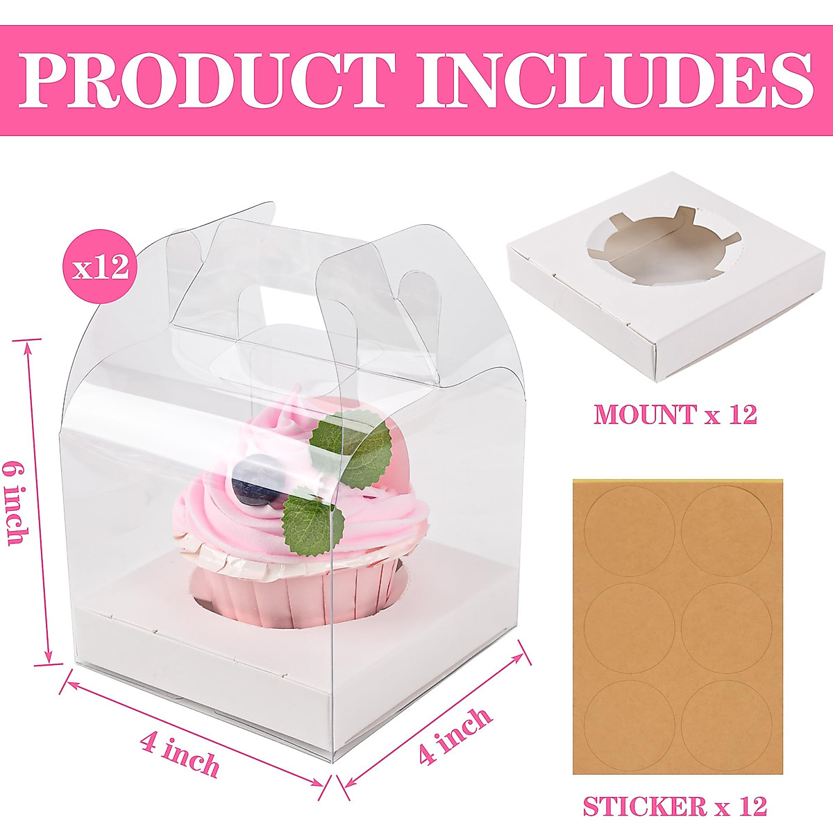 LOKQING 30 PCS Individual Cupcake Containers Single Cupcake Boxes with Handle and Inserts Clear Plastic Favor Boxes