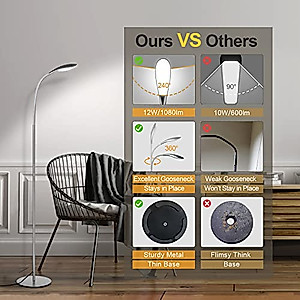 OUTON LED Floor Lamp, 12W 1080LM, Dimmable Adjustable Gooseneck Standing Lamp with 4 Color Temperature, Remote & Touch Control, 1H Timer, Memory Function for Reading Living Room Bedroom Office (Gray)