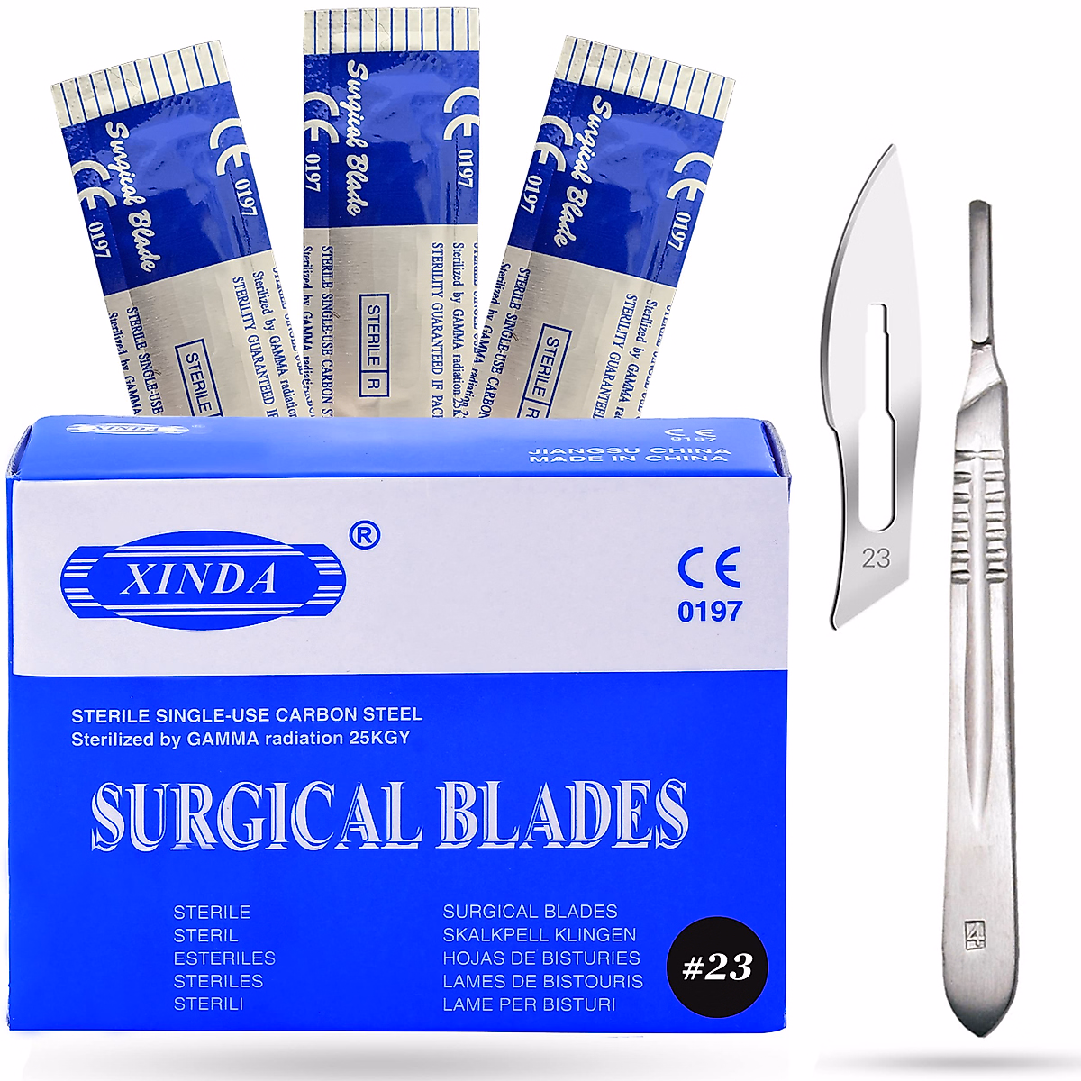 VISION TEK MED Pack of 100 Blades #23, Scalpel Blades for Knife Scalpel, High Carbon Steel Dermablade Blades. Individually Wrapped, Sterile + Free 1 Handle #4