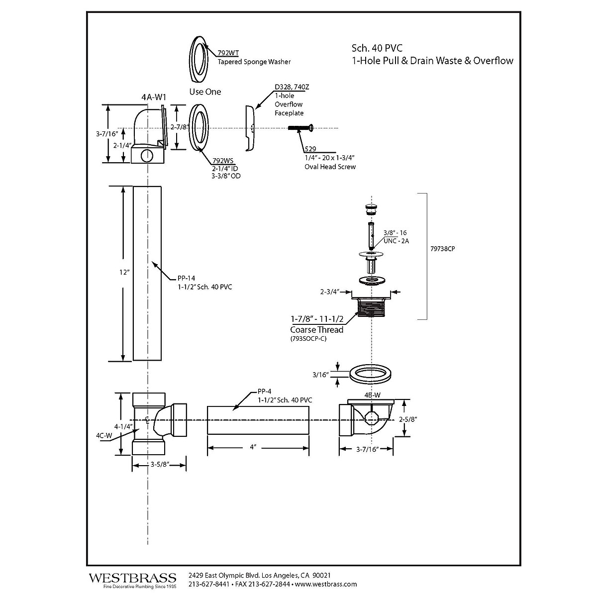 Westbrass A49721-62 1-1/2" Bath Waste & Overflow Assembly with Pull Drain Stopper and One-Hole Faceplate Top Elbow-SCH. 40 PVC, 1-Pack, Matte Black