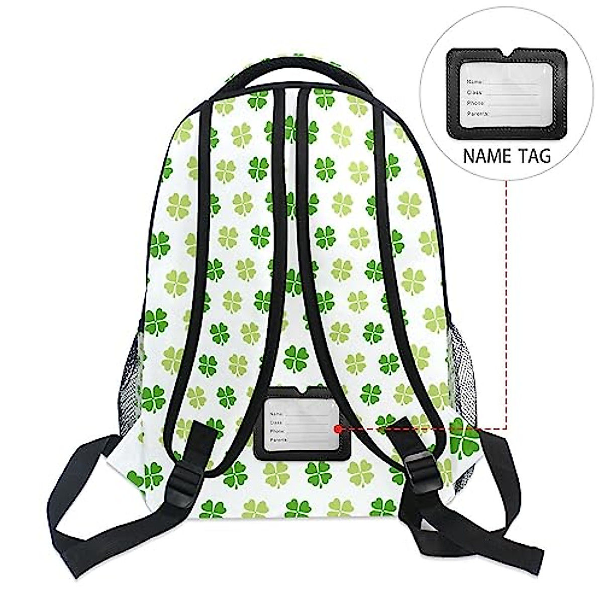 Backpack Patrick's Day Clover Leaves Shamrock Green White Daypack Shoulder Bag with Name Label Tag for Travel Hiking Casual Camping Sports Gym