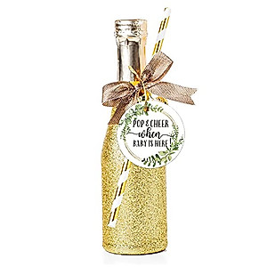 Baby Shower Mini Champagne Bottle Favor Tags, Pop and Cheer When Baby is Here Tags, Greenery Champagne Baby Shower Favor Tags, 2 Inches, 50 Count with Golden Ribbon
