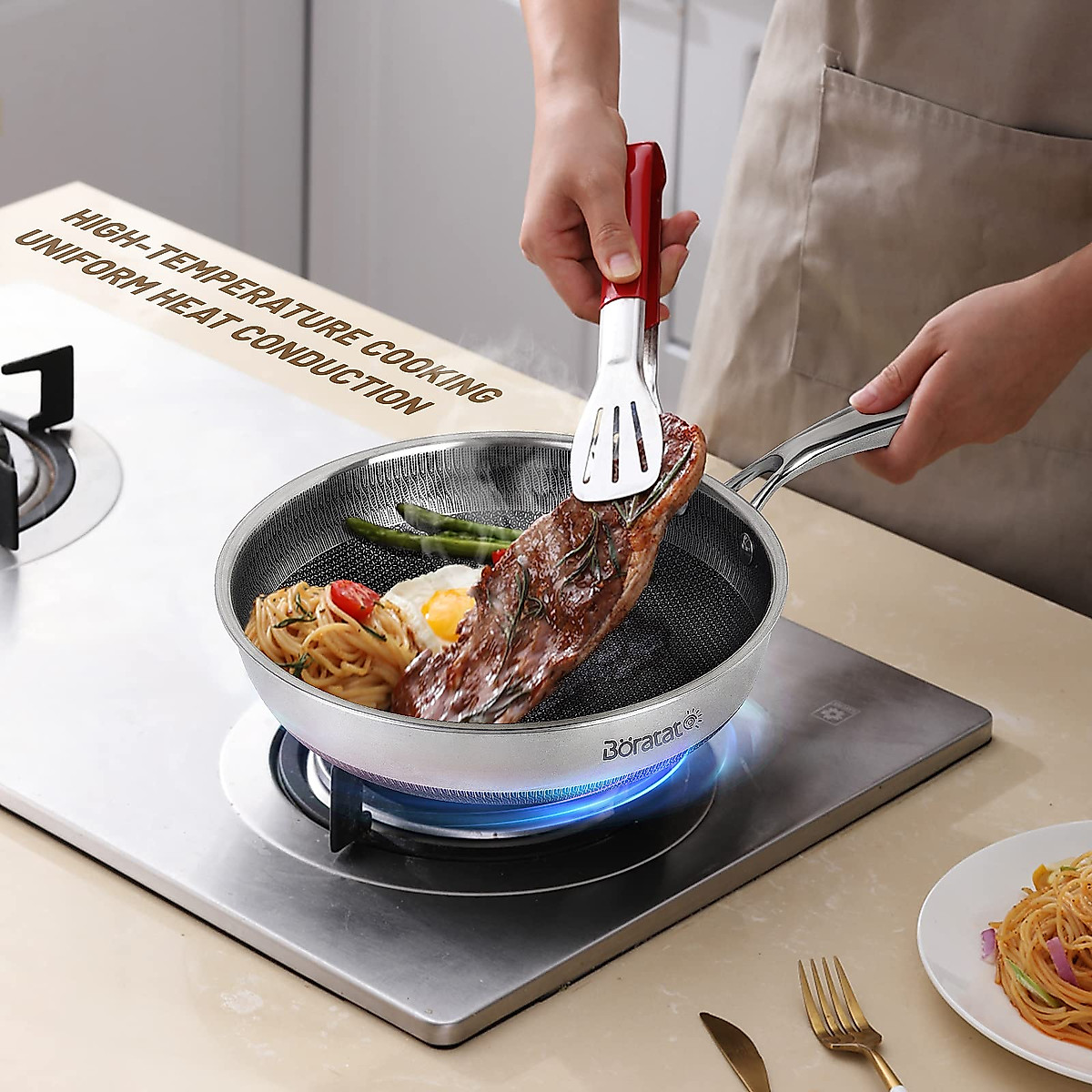 boratat Frying Pan Hybrid Stainless Steel Honeycomb Skillets,Pan with Lid,10 inch Non Stick Wok,Stay-Cool Handle,Dishwasher and Oven Safe, PFOA Free, Induction Cooktop, Gas, Ceramic and Electric Stove