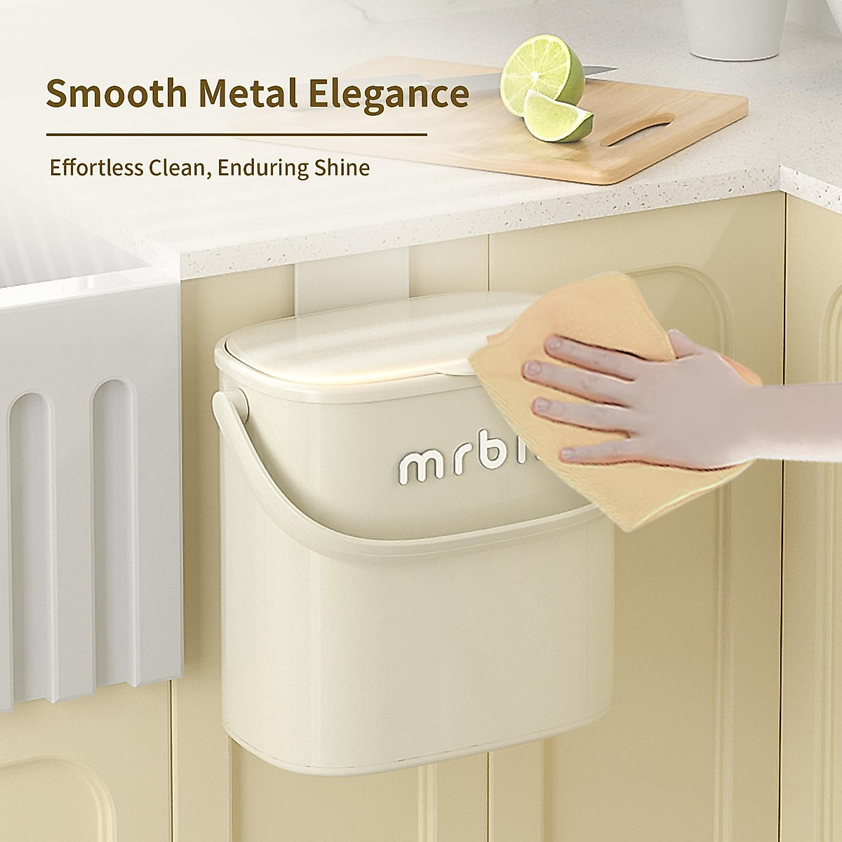 MRBIN Compost Bin Countertop and Hanging Kitchen Trash Can with Lid, Small Metal Dustbin for Food Waste Recycle Indoor, White