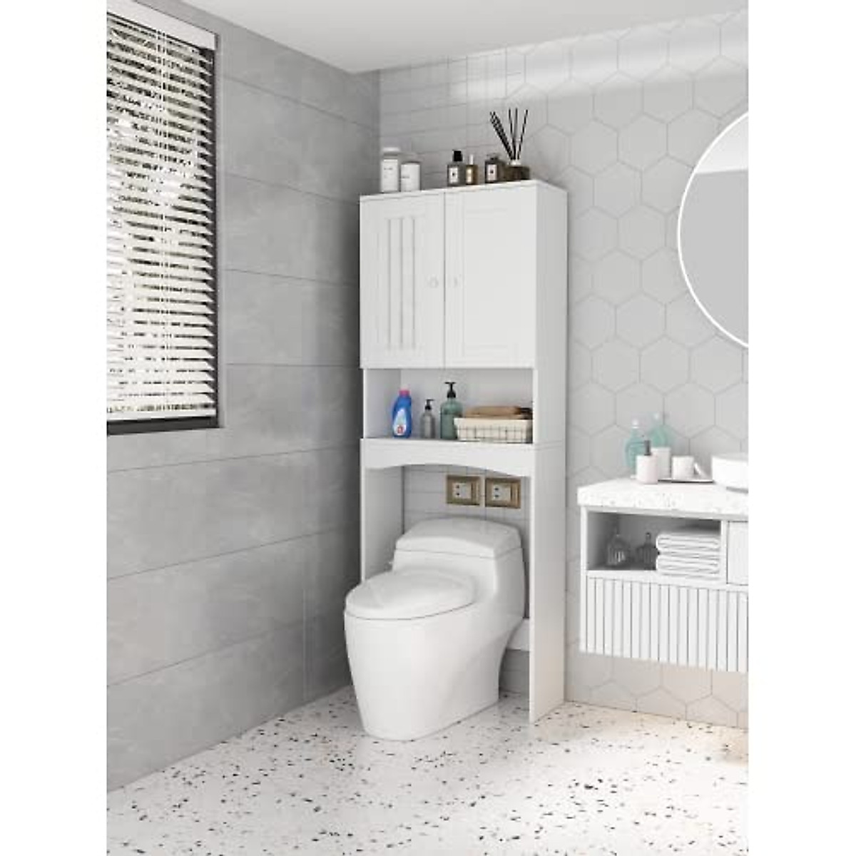 Over The Toilet Storage Cabinet with 2 Doors and Shelf, 3-Tier Space Saving Organizer Rack, Stable Freestanding Above Toilet Stand, Bathroom Cabinet for Bathroom, Restroom, Laundry, White