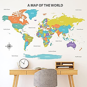 DECOWALL DL3-2302 Colourful World Map Wall Stickers Decals Poster Art Board Tapestry décor History Large for Kids Travel Bathroom Enjoy Wallpaper Vintage Home Living Room Bedroom Baby Nursery