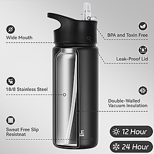 HASLE OUTFITTERS Insulated Water Bottle Kids 16 oz Double Wall Vacuum Stainless Steel Water Bottle Leak Proof for School Wide Mouth with Straw Lid & Spout Lid Keeps Cold and Hot(Black,1pack)