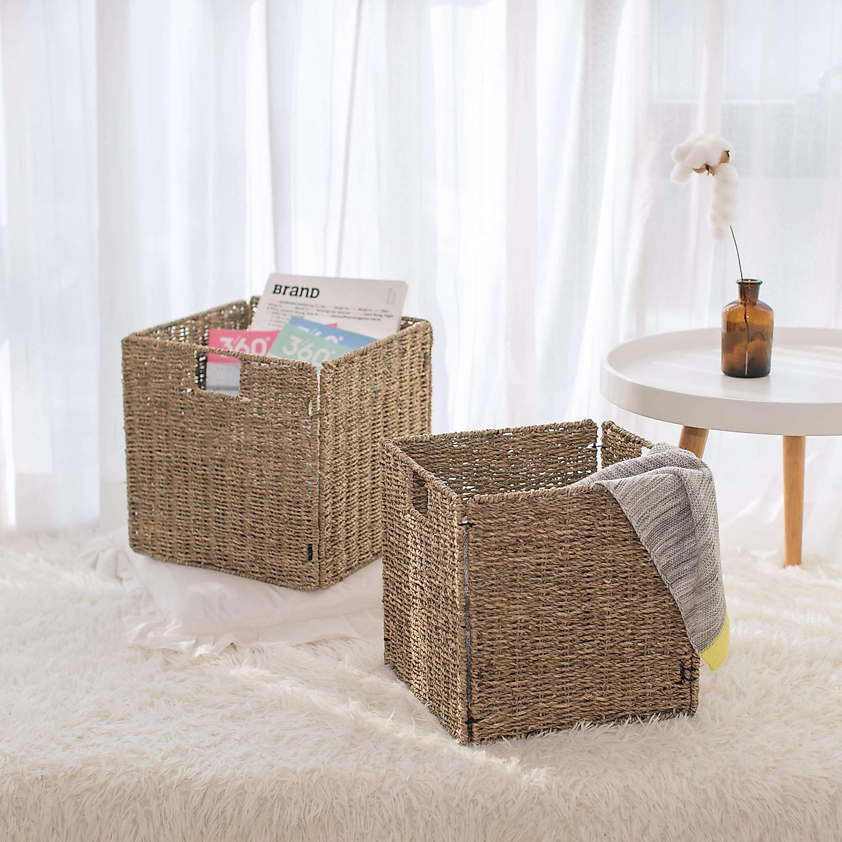 StorageWorks Rectangular Wicker Baskets for Shelves, Natural Seagrass Storage Baskets with Linings, 2-Pack