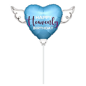 Heavenly Balloons on a stick Happy Heavenly Birthday blue/purple balloon heart shaped with angel wings