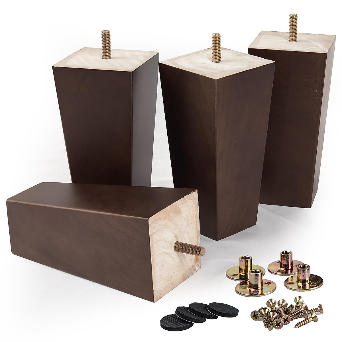 La Vane 5 inch Wooden Furniture Legs, Set of 4 Solid Wood Square Walnut Mid-Century Modern M8 Replacement Bun Feet with Pre-Drilled 5/16 Inch Bolt & Mounting Plate & Screws for Couch Sofa Armchair
