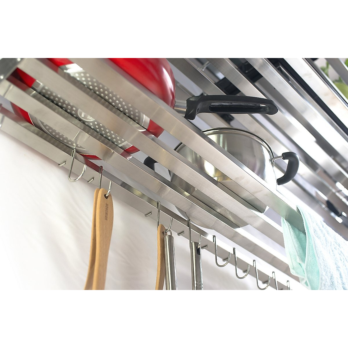 Mecete 304 Stainless Steel Standard Wall Shelf, Cookware Storage Organizer, Kitchen Wall Pot Pan Rack,With 6 Hooks, Capacity 200 lb (23.5" x 14") suitable for Electric Oven, Microwave oven