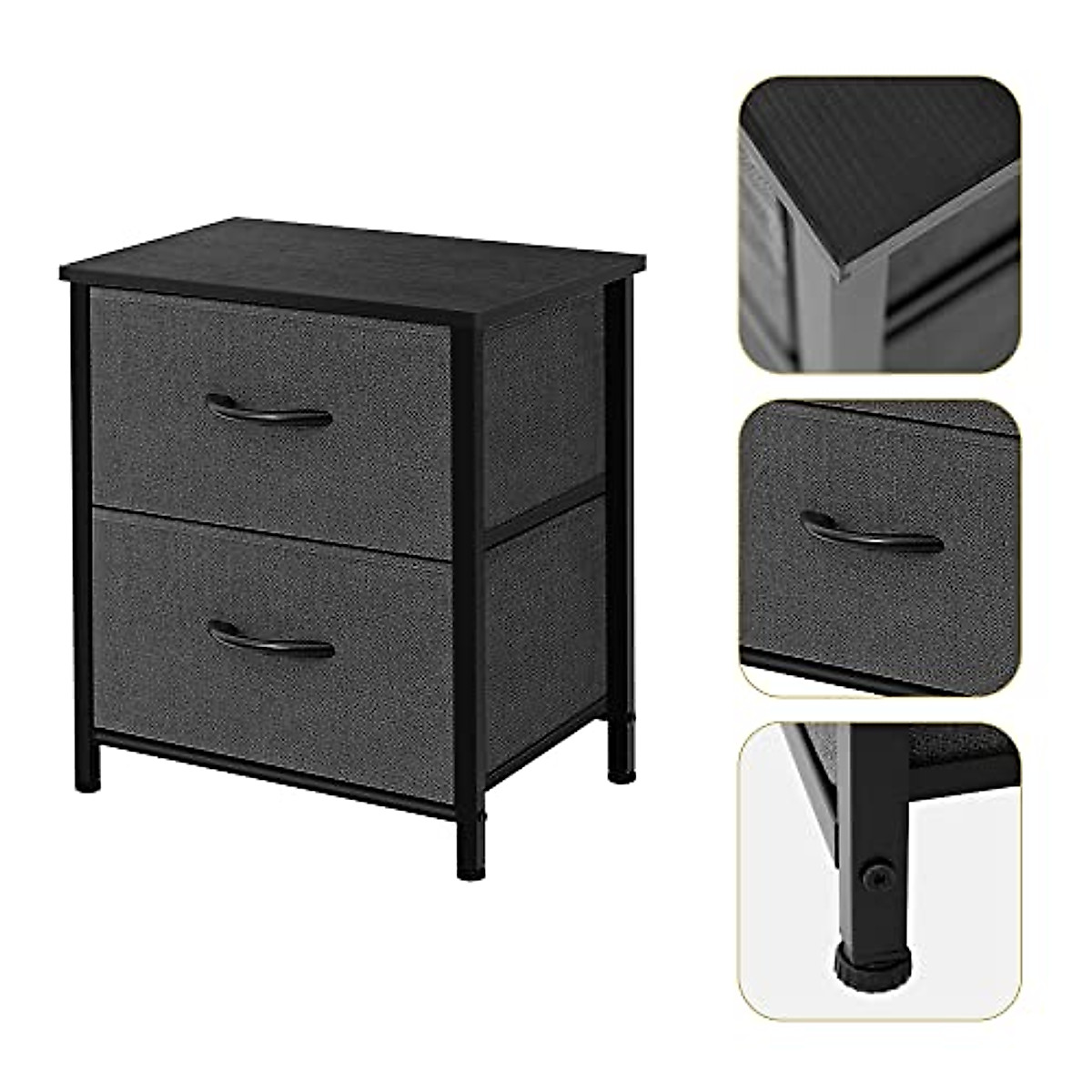 AZL1 Life Concept Storage Dresser End/Side Table Night Stand Furniture Unit - Small Standing Organizer for Bedroom, Office, Living Room, and Closet - 2 Drawer Removable Fabric Bins - Dark Grey