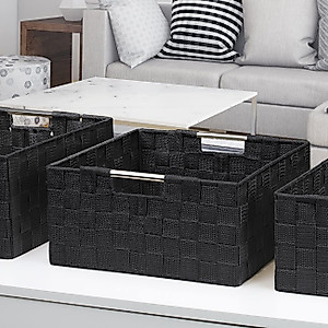 Sorbus Storage Box Woven Basket Bin Container Tote Cube Organizer Set Stackable Storage Basket Woven Strap Shelf Organizer Built-In Carry Handles (Black)