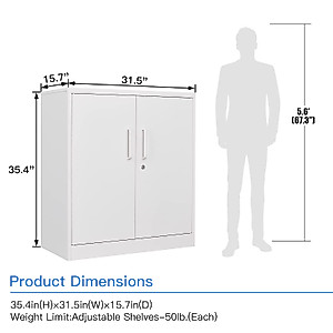 Yizosh Metal Garage Storage Cabinet with 2 Doors and 2 Adjustable Shelves - 35.5" Steel Lockable File Cabinet,Locking Counter Cabinet for Home Office,Garage,Gym,School (White)