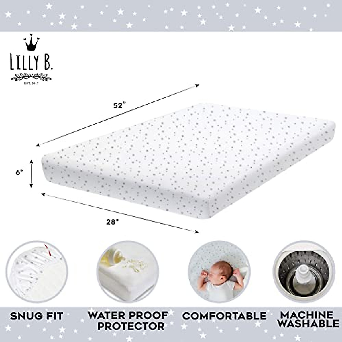 Lilly B. Pack of 3 Crib Sheets - 100% GOTS Organic Cotton - 2 Fitted Crib Sheets Neutral with 1 Waterproof Mattress Protector for Baby Boys and Girls, fits All Shapes up to (52Lx 28Wx 6H) Inch