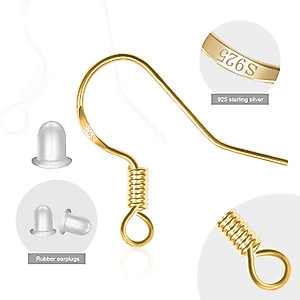 925 Sterling Mixed Earring Hooks 120 PCS/60 Pairs Hypoallergenic Ear Wires Fish Hooks for Jewelry Making, Jewelry Findings Parts with 120 PCS Rubber Earring Backs Stopper for DIY Earrings