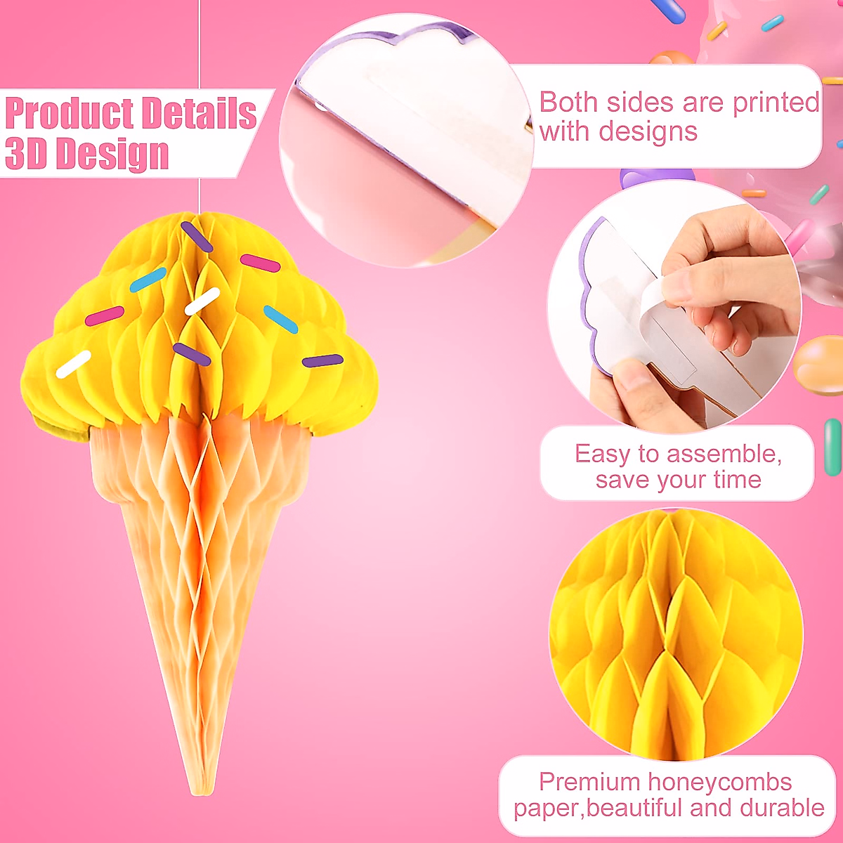 8PCS Ice Cream Honeycomb Balls Decorations Centerpieces for Tables Ice Cream Hanging Ceiling Sign Tissue Paper Ice Cream Party Supplies for Summer Theme Birthday Baby Shower Bridal Shower Party Favor