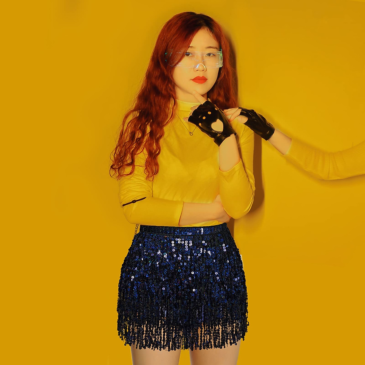 Belly Dance Hip Scarf Sequin Tassel Skirt Performance Outfits Sparkly Fringe Skirt Wrap Halloween Costume Party Rave Festival Clothing for Women and Girls, Black