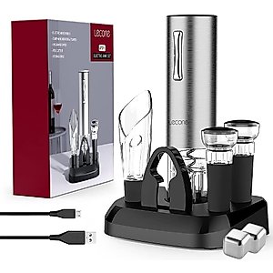 Electric Wine Bottle Opener, Lecone 8-in-1 Electric Wine Opener with Charging Base, Aerator & Pourer, Foil Cutter, 2 Vacuum Stoppers, Coaster & Ice Cubes, Stainless Steel Wine Opener Electric Gift Set
