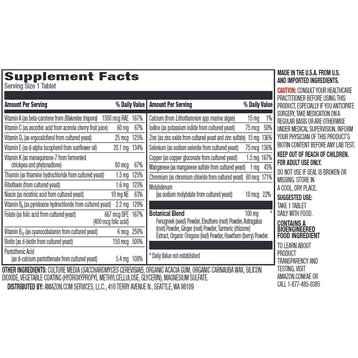 Amazon Elements Men’s One Daily Multivitamin, 62% Whole Food Cultured, Vegan, 65 Tablets, 2 month supply (Packaging may vary)