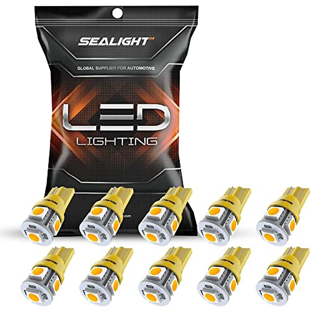 SEALIGHT 194 LED Bulb, 168 T10 LED Bulb Amber 2700k Yellow 2825 for Turn Signal Side Marker Dome Lights, 12V Cab Running Parking Tail Lights, (Pack of 10)