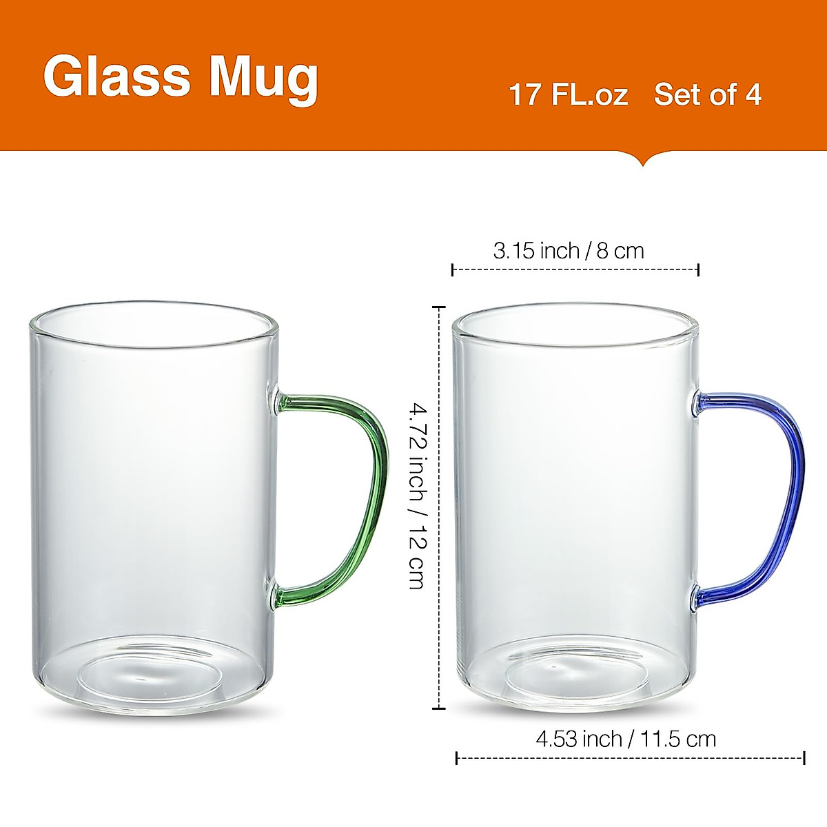 Glass Coffee Mugs 17oz - Set of 4, Clear Espresso Cups with Colored Handle, Large Capacity Wide Mouth Mugs for Latte, Cappuccino, Tea and Hot & Cold Beverages, Dishwasher & Microwave Safe