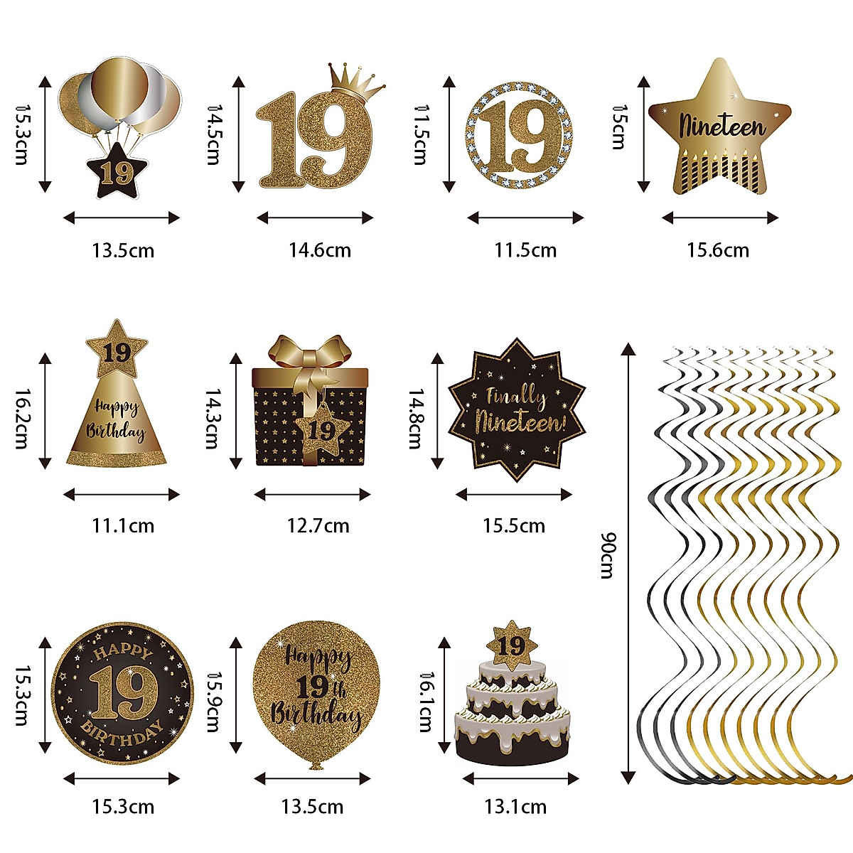 Happy 19th Birthday Party Hanging Swirls Streams Ceiling Decorations, Celebration 19 Foil Hanging Swirls with Cutouts for 19 Years Old Black and Gold Birthday Party Decorations Supplies