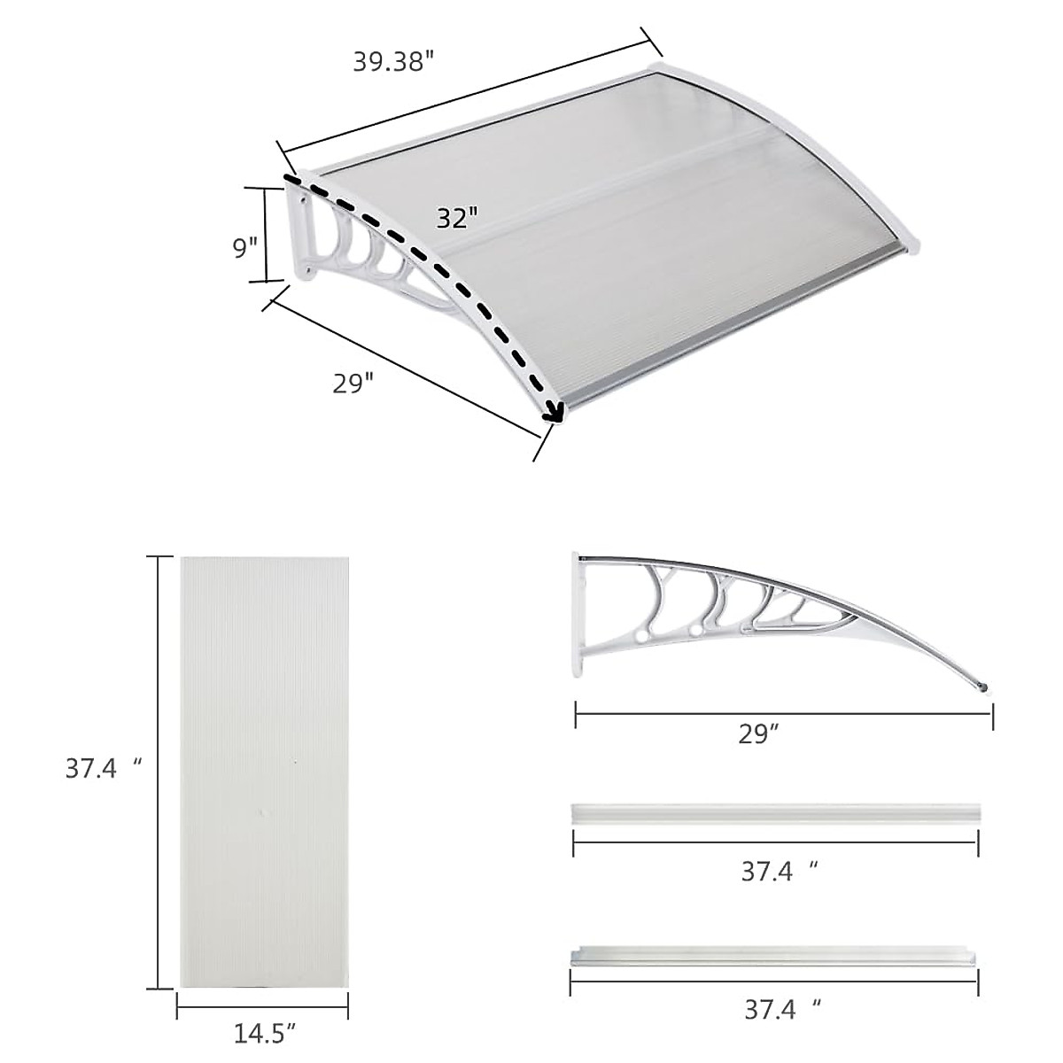 40-inch Window Awning Door Awnings Exterior Made Polycarbonate Sheets Panels, Polypropylene Brackets to Protect House from Sun, Rain and Snow