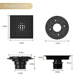 CIFOX 6 Inch Black Shower Drain Square with Flange Removable Quadrato Grid Pattern, Brushed 304 Stainless Steel, Includes Floor Drain Base Hair Strainer, Watermark&CUPC Certified, Matte Black