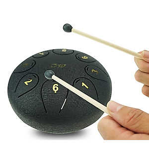 6 inches C Major Steel Tongue Drum Black 8 Notes Tank Drum with Couple of Mallets, Beautifully Finished and Peaceful Sound, Ideal for Meditation and Healing, Easy to Learn and Play,Christmas Gift Idea