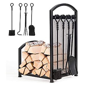 HAPPYGRILL Firewood Log Rack Indoor Outdoor Fireplace Storage Holder with 4 Tools Set